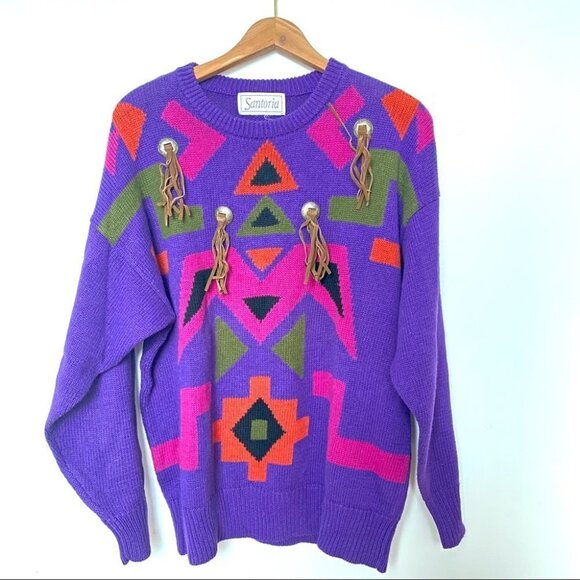 santoria | Sweaters | Vtg Funky Western Knit Sweater With Tassels ...